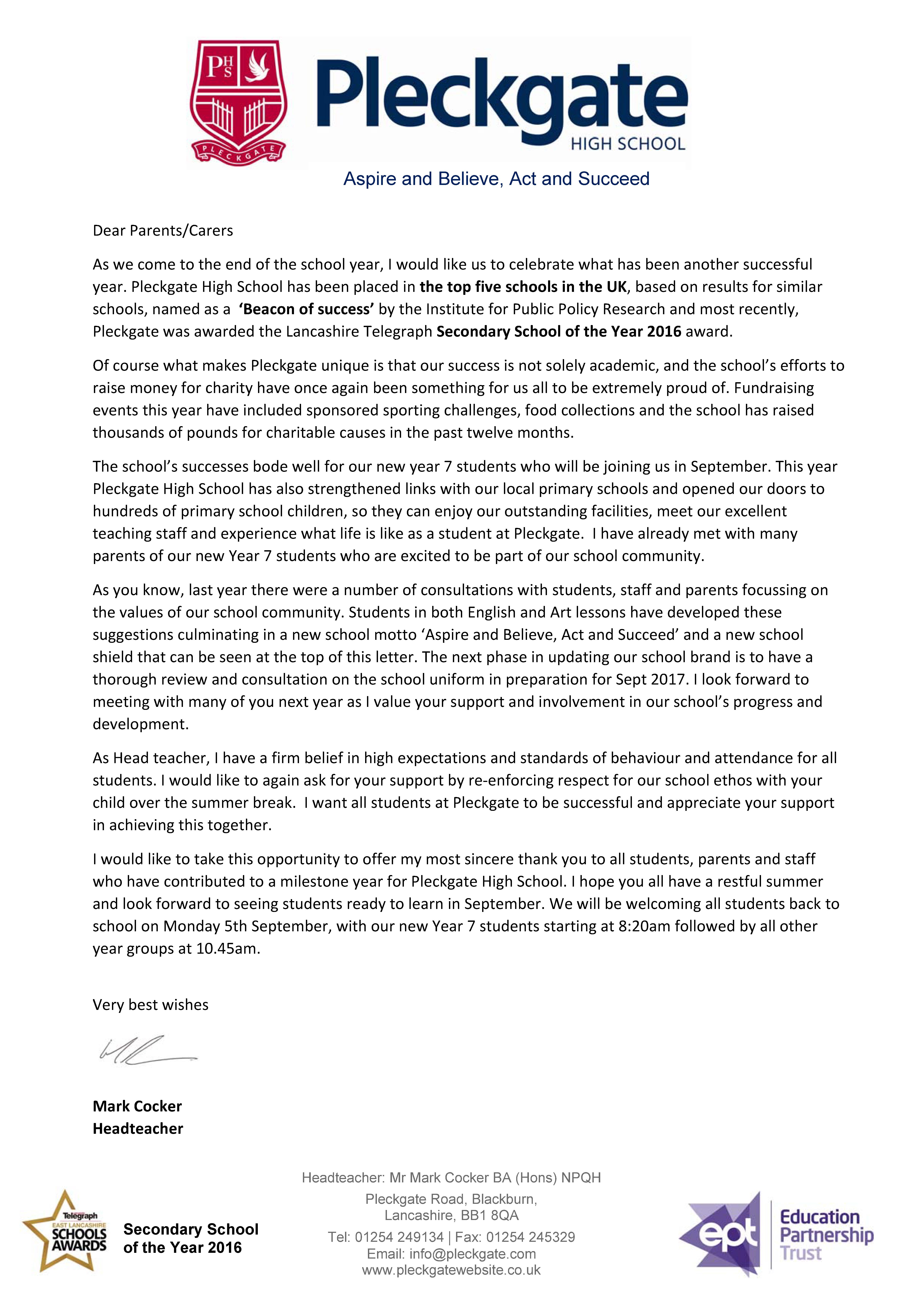 Pleckgate Headteacher s Update July 2016